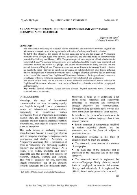 An Analysis Of Lexical Cohesion Of English And Vietnamese Economic News