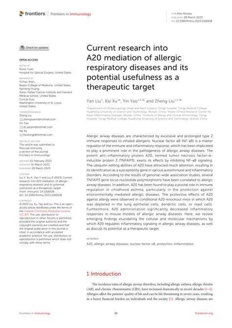 Pdf Current Research Into A20 Mediation Of Allergic Respiratory Diseases And Its Potential