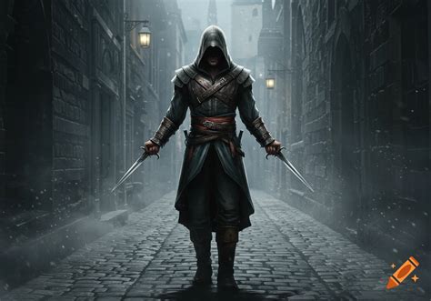 A Hooded Assassin In Dark Robes And Armor Stands In A Snowy