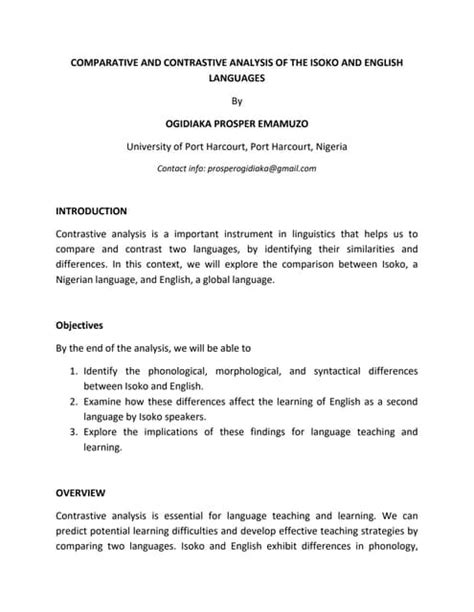 Comparative And Contrastive Analysis Of Isoko And English Languages Pdf