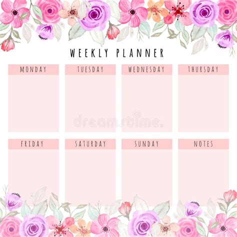 Hermoso Planificador Semanal Con Acuarela Floral Stock De Ilustración