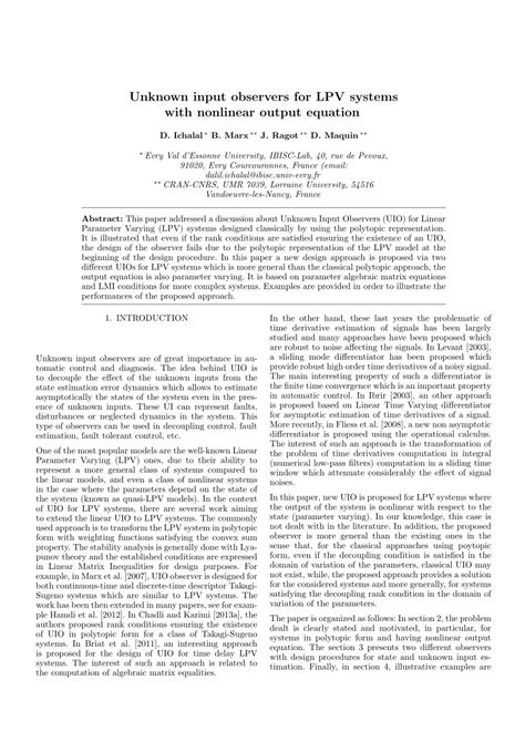 Pdf Unknown Input Observer For Lpv Systems With Parameter Varying Output Equation