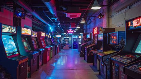 A Vibrant Arcade Hall Glowing With Neon Lights Lined With Rows Of