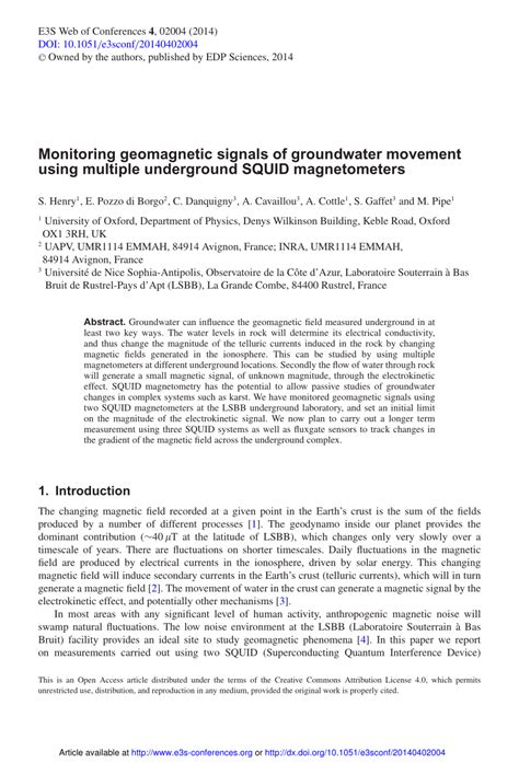 PDF Monitoring Geomagnetic Signals Of Groundwater Movement Using Multiple Underground SQUID