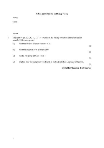 Test On Combinatorics And Groups Teaching Resources