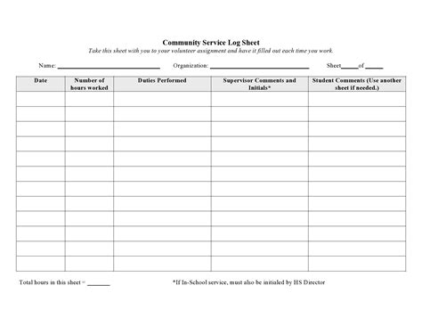 Community Service Log Sheet Printable