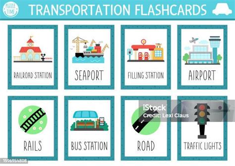 벡터 교통 플래시 카드는 기차역 항구 공항으로 설정되었습니다 아이들을 위한 귀여운 교통 수단이 있는 영어 게임 차량 플래시 카드 간단한 교육용 인쇄용 워크시트 0명에 대한