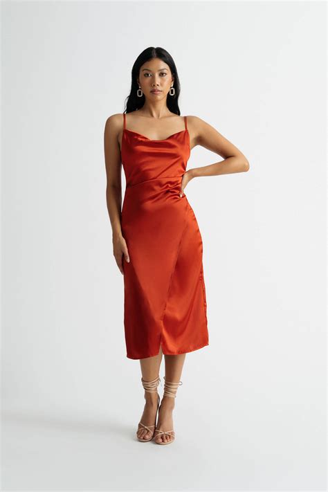 Copper Midi Satin Dress Dress With Cowl Neck Long Slip