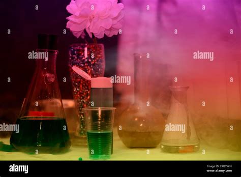 Scientific Chemical Experiments With Test Tubes Colored Smoke And Multi Colored Solutions Stock