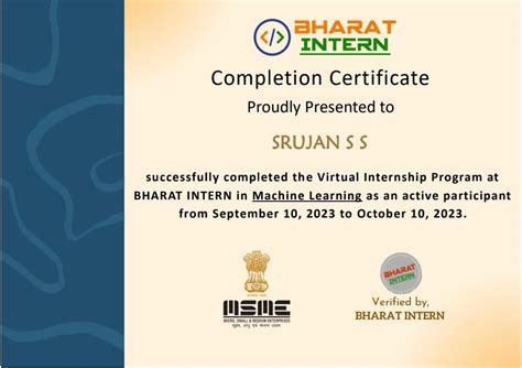 finished my machine learning internship at bharat intern srujan s s