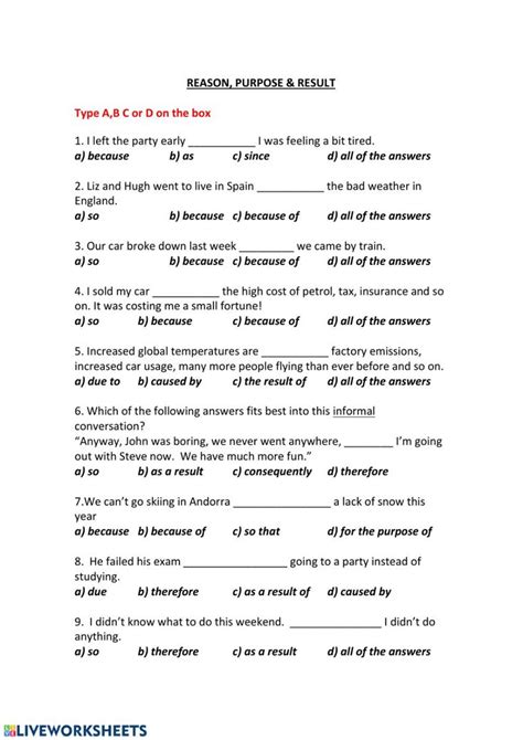 REASON PURPOSE RESULT Worksheet Linking Words Simple Past Tense Words