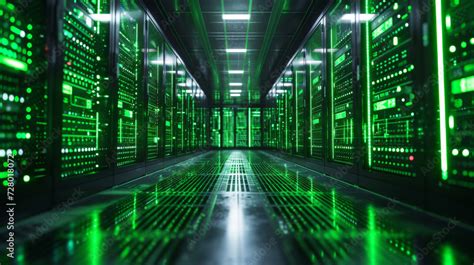 Futuristic Server Room With Glowing Green Lights High Tech Server Room With Racks Of Data