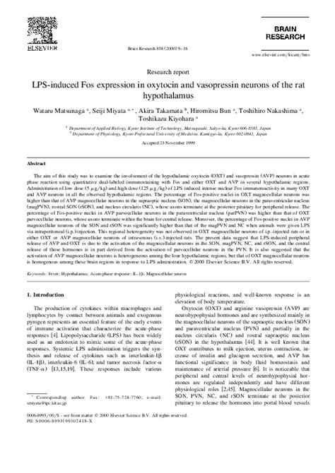 Pdf Lps Induced Fos Expression In Oxytocin And Vasopressin Neurons Of