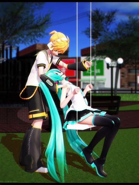 1 On A Swingset By Fujiwara No Moko On Deviantart Len Y Miku Kawaii