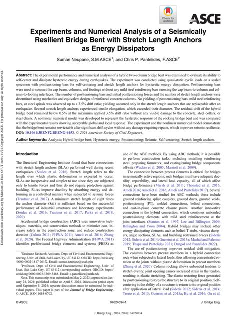 Neupane Pantelides 2024 Experiments And Numerical Analysis Of A Seismically Resilient Bridge