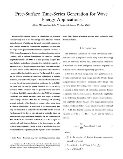 Pdf Free Surface Time Series Generation For Wave Energy Applications