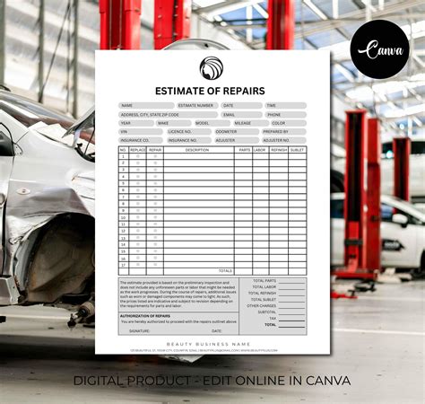 Editable Auto Body Repair Estimate Template Canva Forms Auto Repair