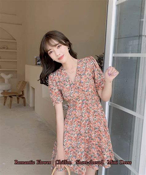 👒로맨틱 프렌치 플라워 👒v넥 쉬폰 반팔 미니 원피스 에이블리