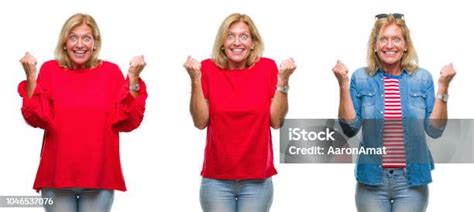 흰색 위에 금발 여자 절연 Backgroud 축 하 하는 아름 다운 중 년의 콜라주는 놀라게 하 고 무기와 성공을 위한 제기 및 오픈 눈 깜짝 놀라게 우승자 개념입니다 금발