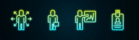 라인 멀티태스킹 관리자 작업 사업가 경영진 팀 리더 및 식별 배지를 설정합니다 빛나는 네온 아이콘입니다 벡터 가공의 인물에 대한 스톡 벡터 아트 및 기타 이미지 Istock