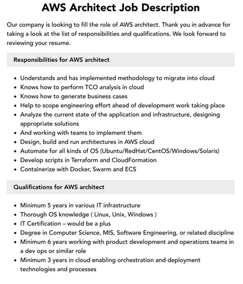 AWS Architect Job Description Velvet Jobs