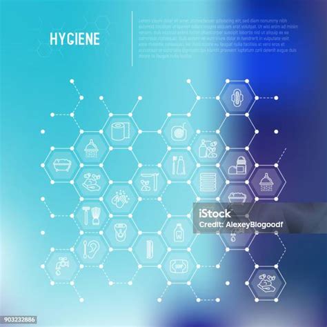 얇은 선 아이콘으로 넓어짐에 위생 개념 손 비누 샤워 욕조 치약 면도기 쉐이 빙 브러쉬 생리대 빗 공 방 취 제 린스 입 웹 페이지에 대 한 벡터 일러스트입니다 개념에 대한