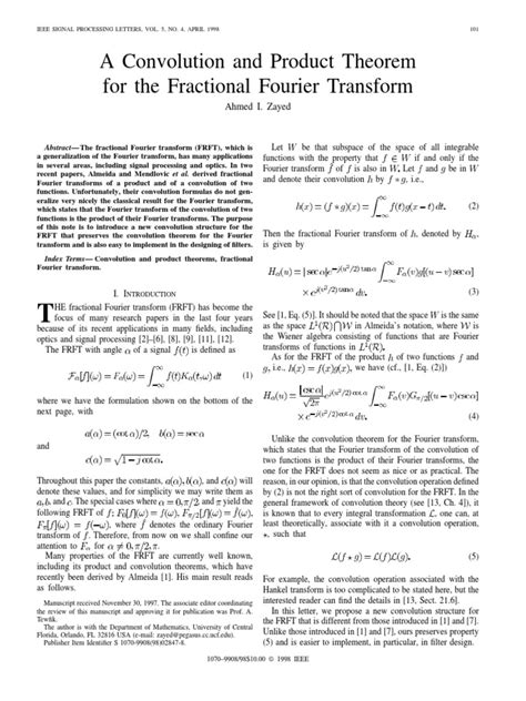 A Convolution And Product Theorem For The Fractional Fourier Transform Zayed Download Free
