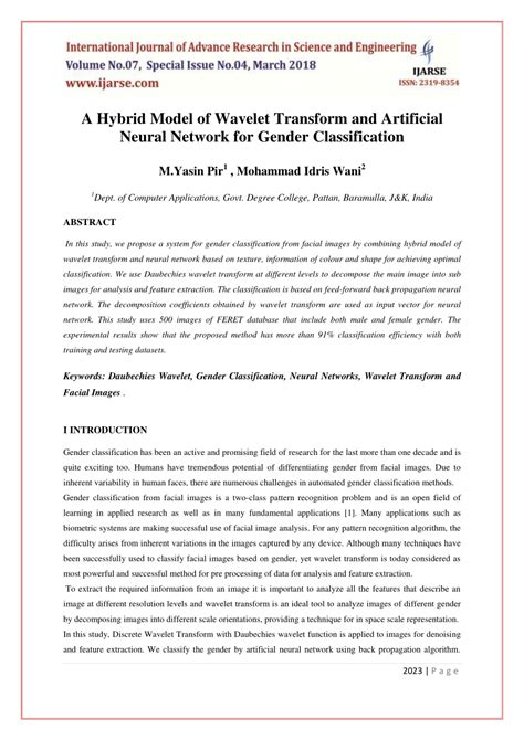 PDF A Hybrid Model Of Wavelet Transform And Artificial Neural Network For Gender Classification