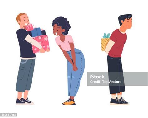 행복한 남자와 여자 캐릭터는 휴일 축하 벡터 세트를 위한 선물 상자를 준다 개체 그룹에 대한 스톡 벡터 아트 및 기타 이미지 개체 그룹 공유 개념 공휴일 Istock