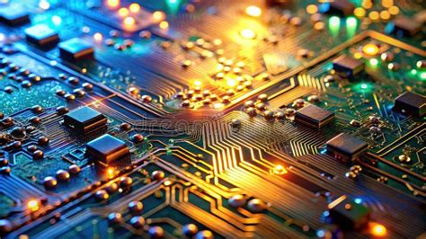 Illuminated Circuit Board Close Up Intricate Network Of Microchips And Traces Generative Ai
