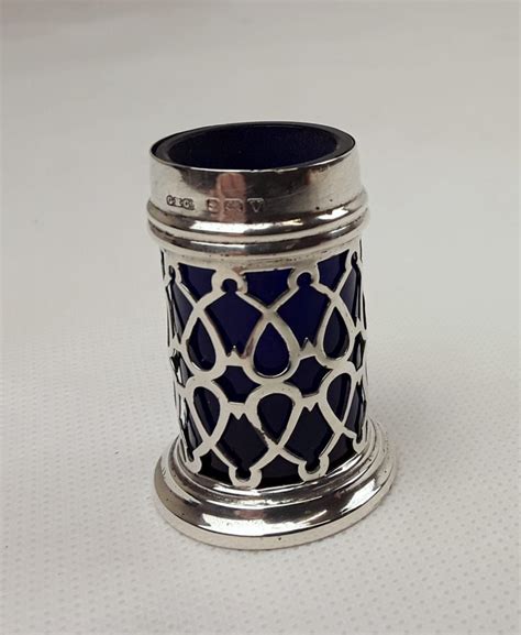 Birmingham 1920 Sterling Silver Salt Cellar With Blue Glass Liner