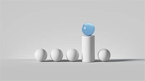 3d 렌더링 추상적인 미니멀리스트 기하학적 배경 흰색 공 줄에 흰색 실린더 상단에 파란색 유리 공 격리된 개체 뛰어난 개념 유일