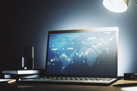 현대 노트북 모니터 외환 및 투자 개념에 세계지도와 추상적 인 창조적 인 금융 그래프 3d 렌더링 0명에 대한 스톡 사진 및 기타 이미지 Istock