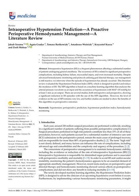 Pdf Intraoperative Hypotension Prediction—a Proactive Perioperative Hemodynamic Management—a