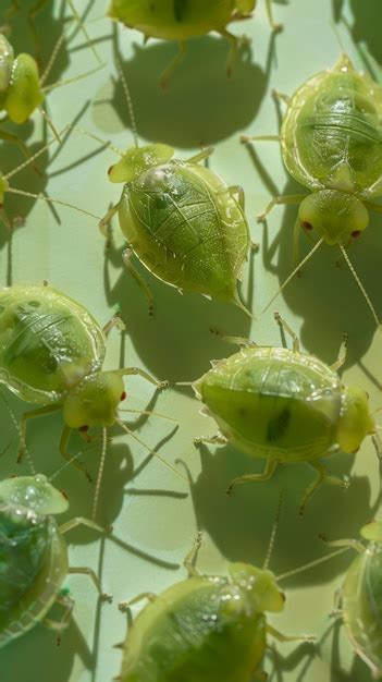 Premium Photo Close Up View Of Green Aphids On Plant Leaf Highlighting Unique Insect Shapes