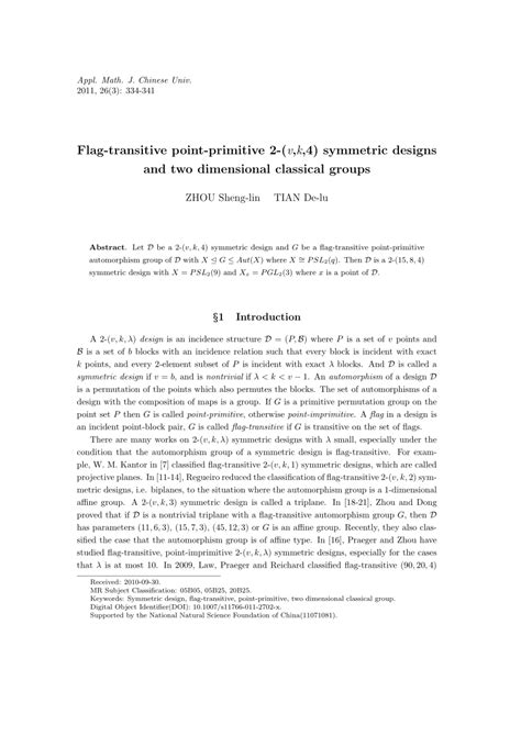pdf flag transitive point primitive 2 v k 4 symmetric designs and