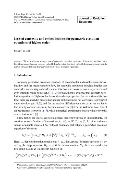 Pdf Loss Of Convexity And Embeddedness For Geometric Evolution Equations Of Higher Order