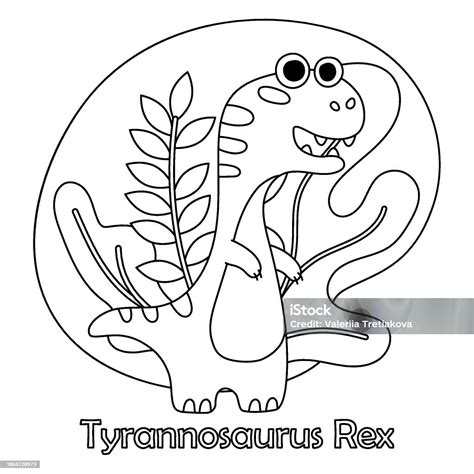 귀여운 낙서 공룡 티라노사우루스 렉스 와 잎 와 고립된 통하고 있는 백색 배경 엽서 배너 색칠 공부 디자인 예술 웹 달력 Advirtising 벡터 일러스트 레이 션 개념에
