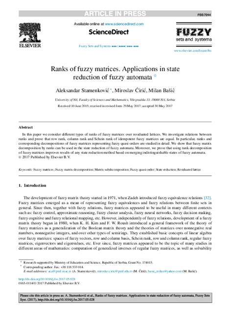 Pdf Ranks Of Fuzzy Matrices Applications In State Reduction Of Fuzzy