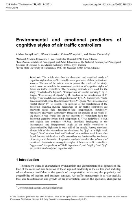Pdf Environmental And Emotional Predictors Of Cognitive Styles Of Air Traffic Controllers