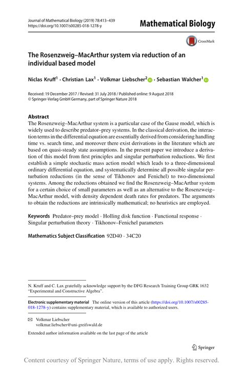 The Rosenzweig Macarthur System Via Reduction Of An Individual Based Model Request Pdf