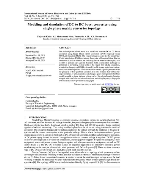 Pdf Modeling And Simulation Of Dc To Dc Boost Converter Using Single Phase Matrix Converter