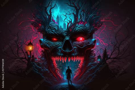 Scary Dark Horror Neon Surrealism Wallpaper Generative Ai Stock