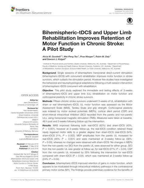 Pdf Bihemispheric Tdcs And Upper Limb Rehabilitation Improves Retention Of Motor Function In