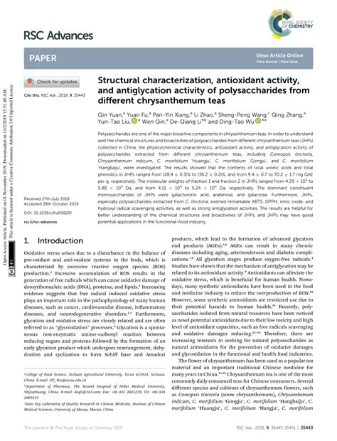 Pdf Structural Characterization Antioxidant Activity And Antiglycation Activity Of