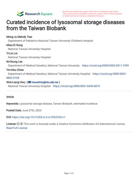 Pdf Curated Incidence Of Lysosomal Storage Diseases From The Taiwan Biobank