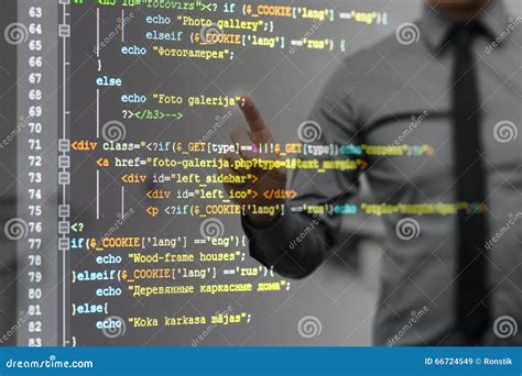 Man Pointing On Virtual Screen With Website Programming Code Stock Image Image Of Occupation