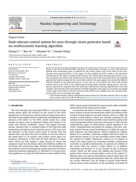 Fault Tolerant Control System For Once Through Steam Generator Based On Reinforcement Learning