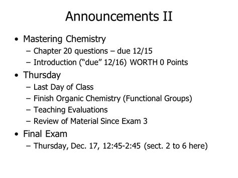 Chem. 1B – 12/8 Lecture. Announcements I Lab Final –On Wed./Thurs. this week –Will be 25 ...