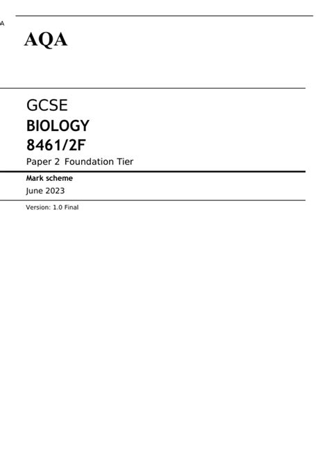 AQA GCSE BIOLOGY Foundation Tier Paper F JUNE MARK SCHEME GCSE BIOLOGY Stuvia US